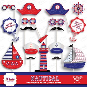 NAUTICAL Photo Booth Masks and Props in Red, White and Blue, Pirate ...