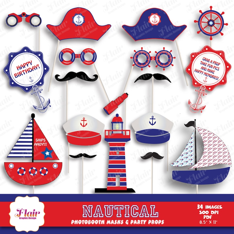 NAUTICAL Photo Booth Masks and Props in Red, White and Blue, Pirate ...