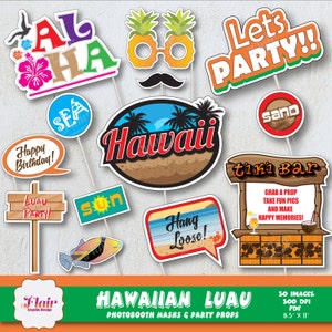 HAWAIIAN LUAU Photo Booth Masks, Hula Party, Pool Party, Summer Photo ...