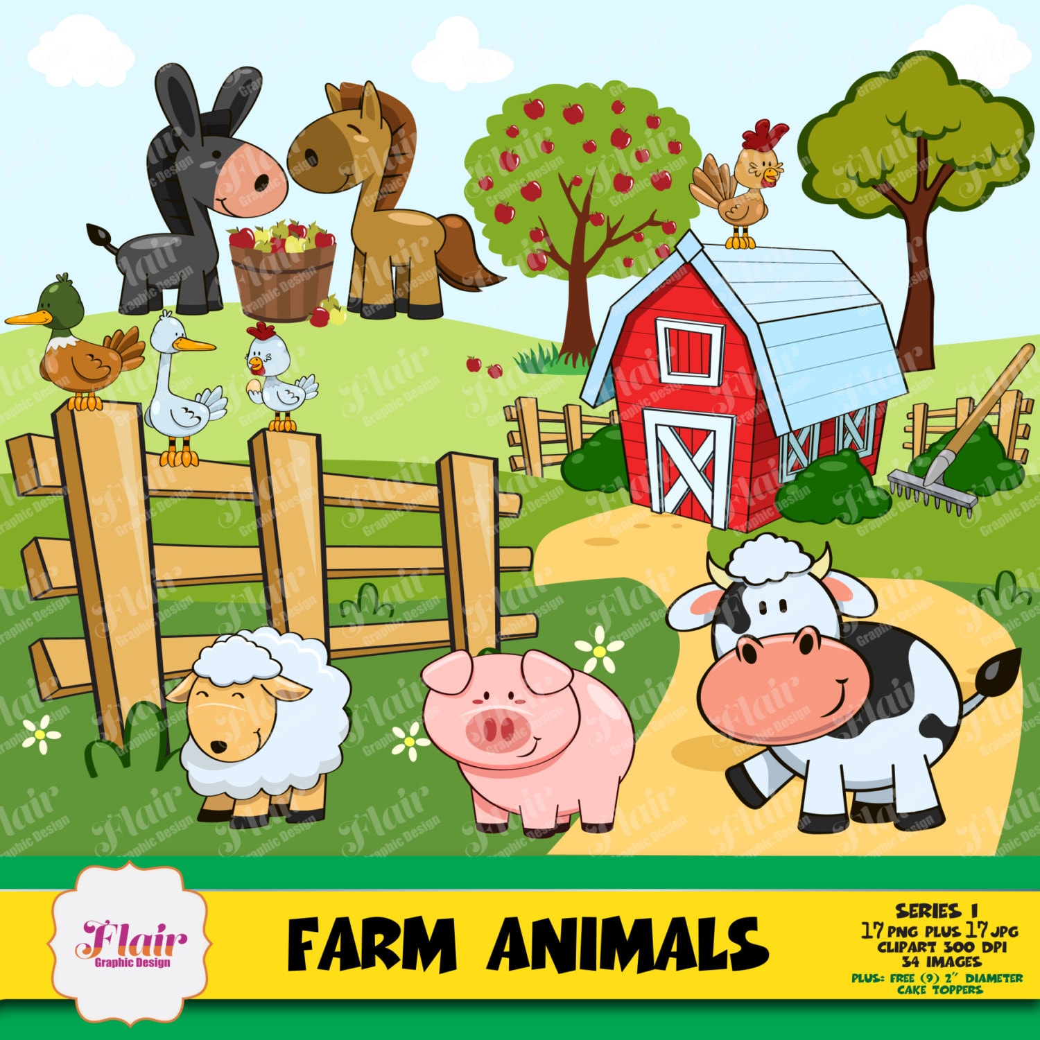 Farm Animals Clipart, Barnyard, Apples, Apple Trees, Cow, Pig, Sheep ...