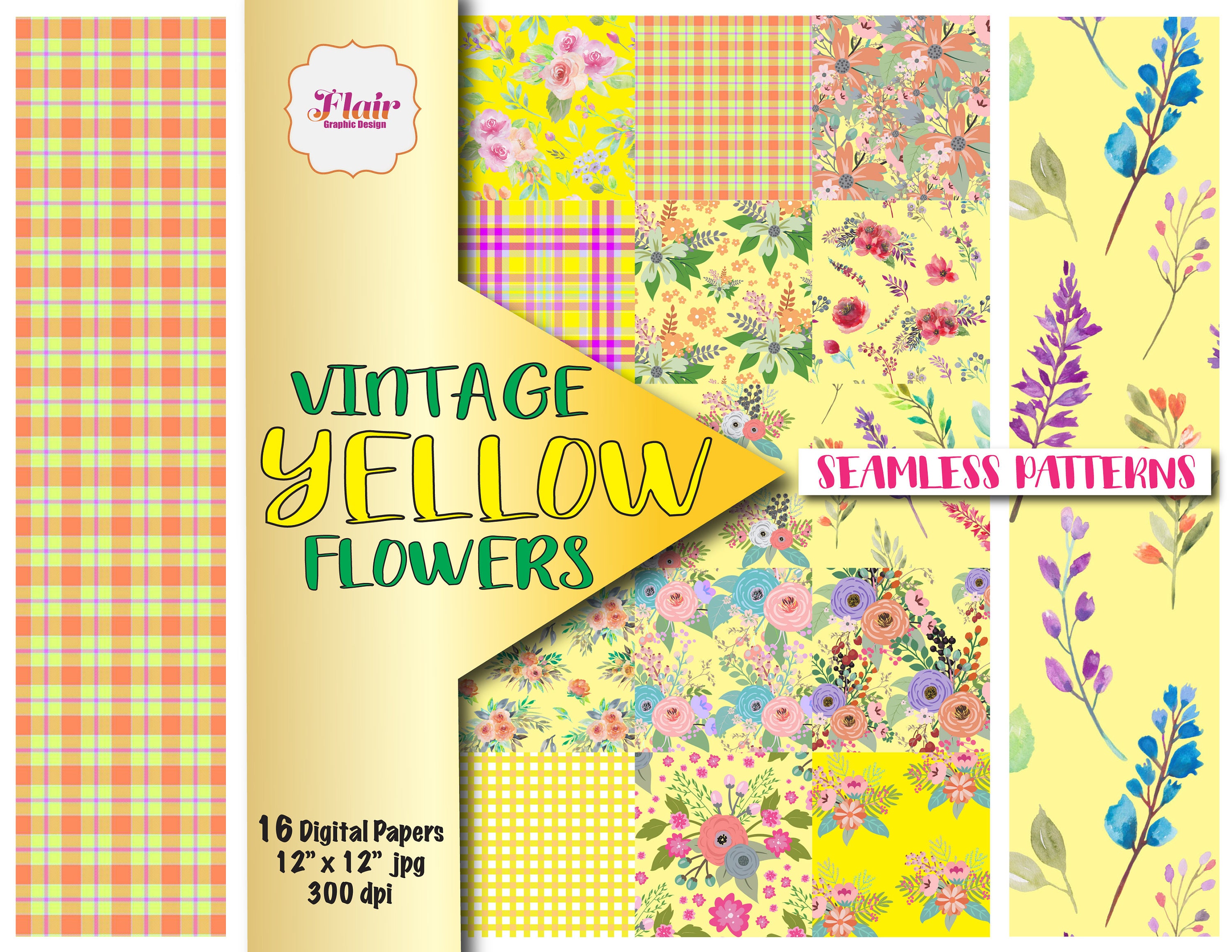 Yellow Vintage Flowers Seamless Patterns Digital Papers | Etsy