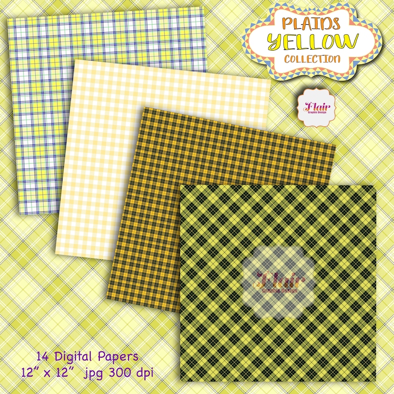 Yellow Plaids Digital Paper, Checkered, Gingham, Scrapbooking, Baby ...