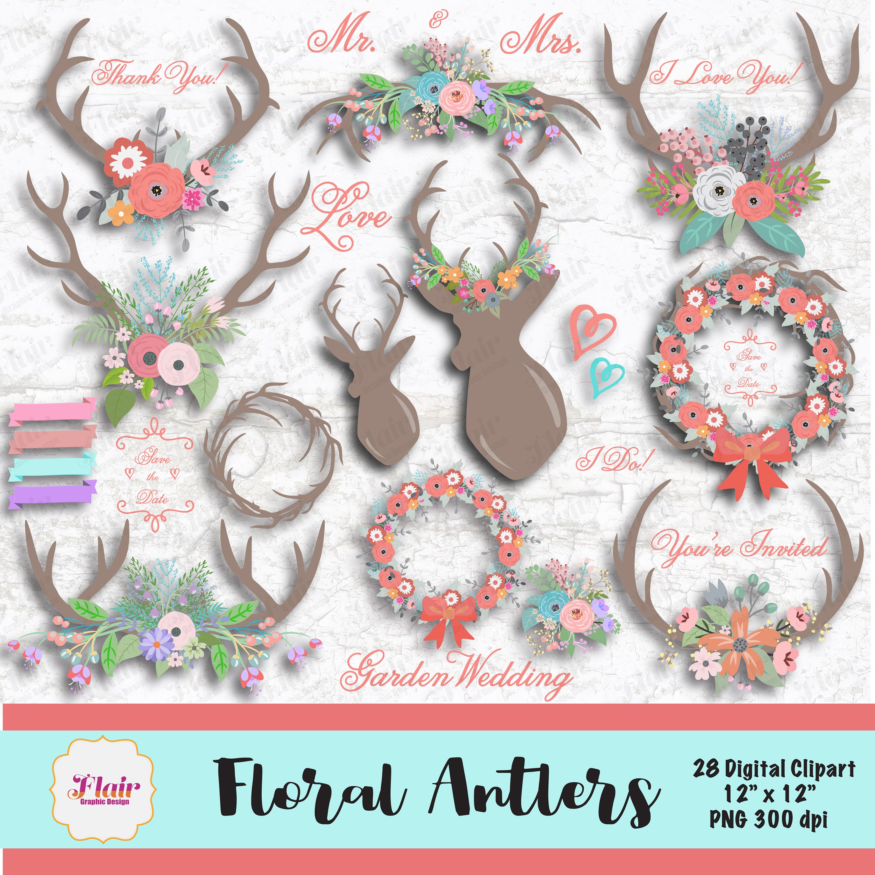 Floral Antlers Hand Drawn Flowers Digital Clipart, Deer, Garden Wedding ...
