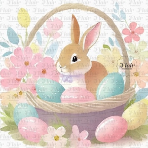 Cute Easter Bunnies in a Basket With Colorful Eggs Digital Clipart, 14 ...