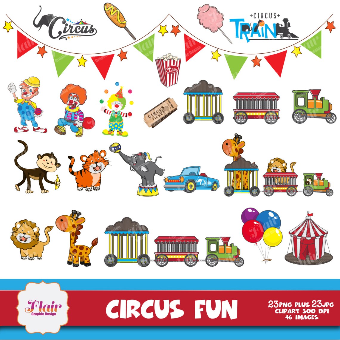 CIRCUS FUN Digital Clipart Fun Clowns Train Animals | Etsy