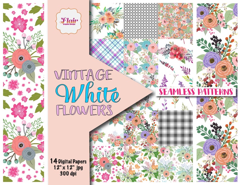 White Vintage Flowers Seamless Patterns, Digital Papers, Floral ...