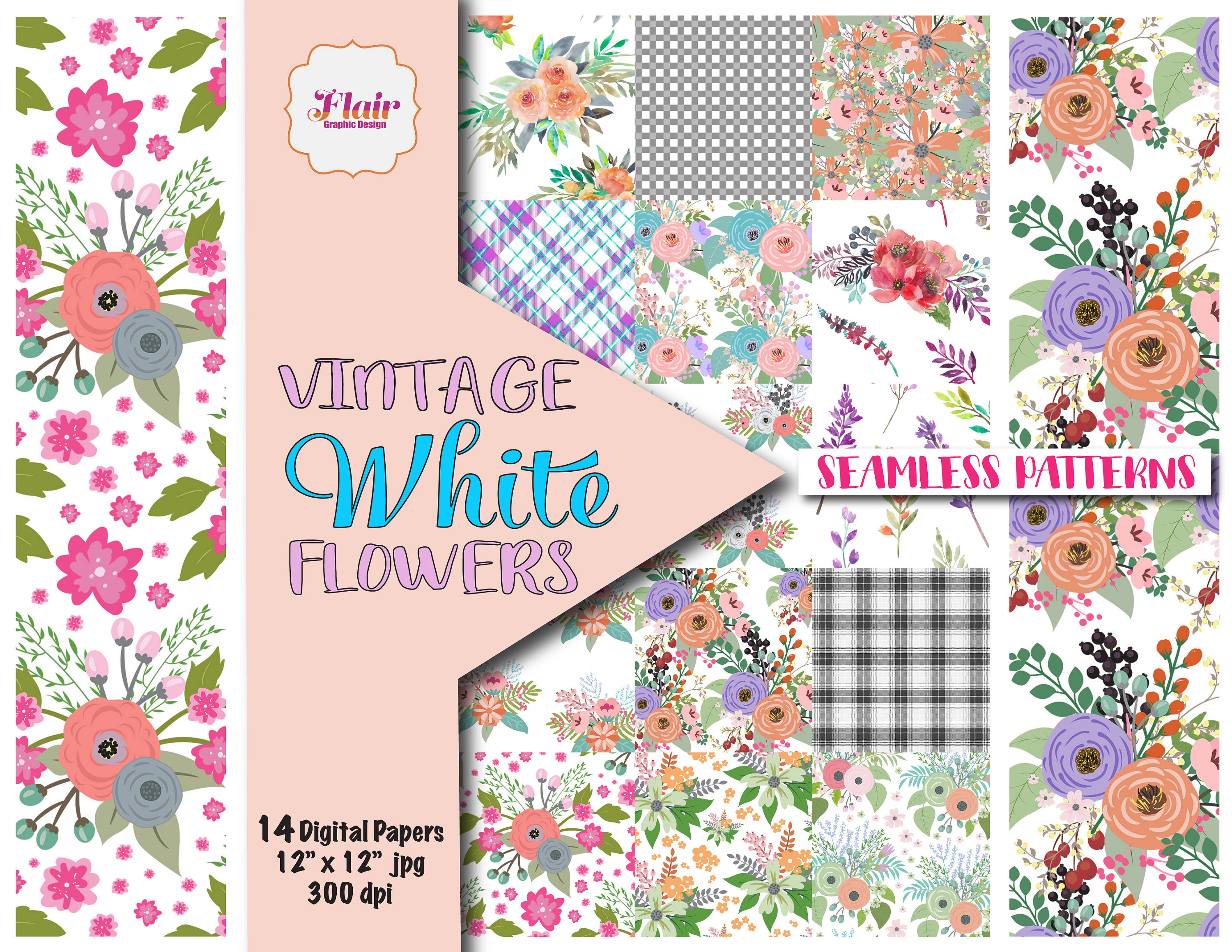White Vintage Flowers Seamless Patterns, Digital Papers, Floral ...