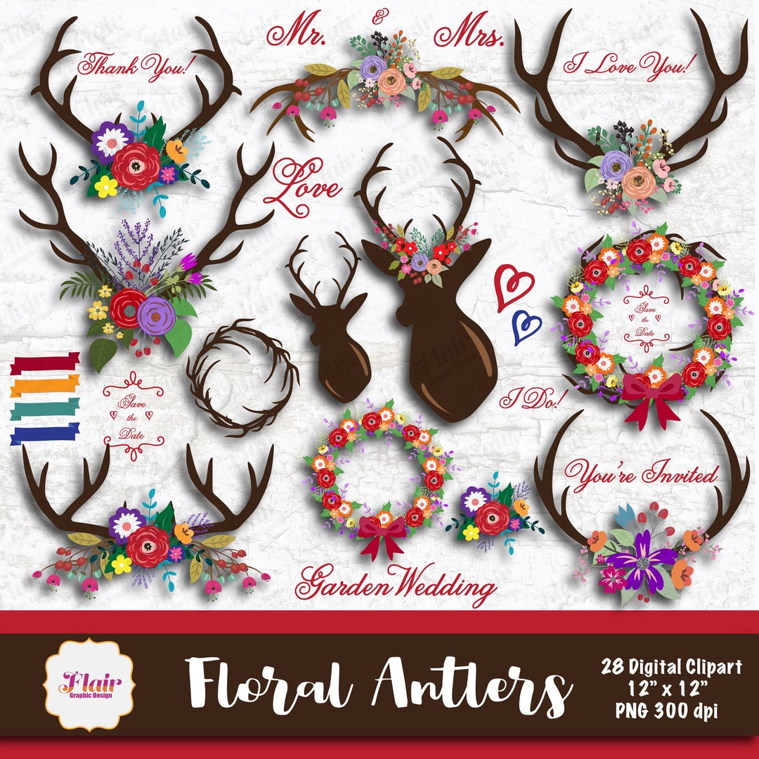 Floral Antlers Hand Drawn Flowers Digital Clipart, Deer, Garden Wedding ...