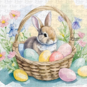 Cute Easter Bunnies in a Basket With Colorful Eggs Digital Clipart, 14 ...