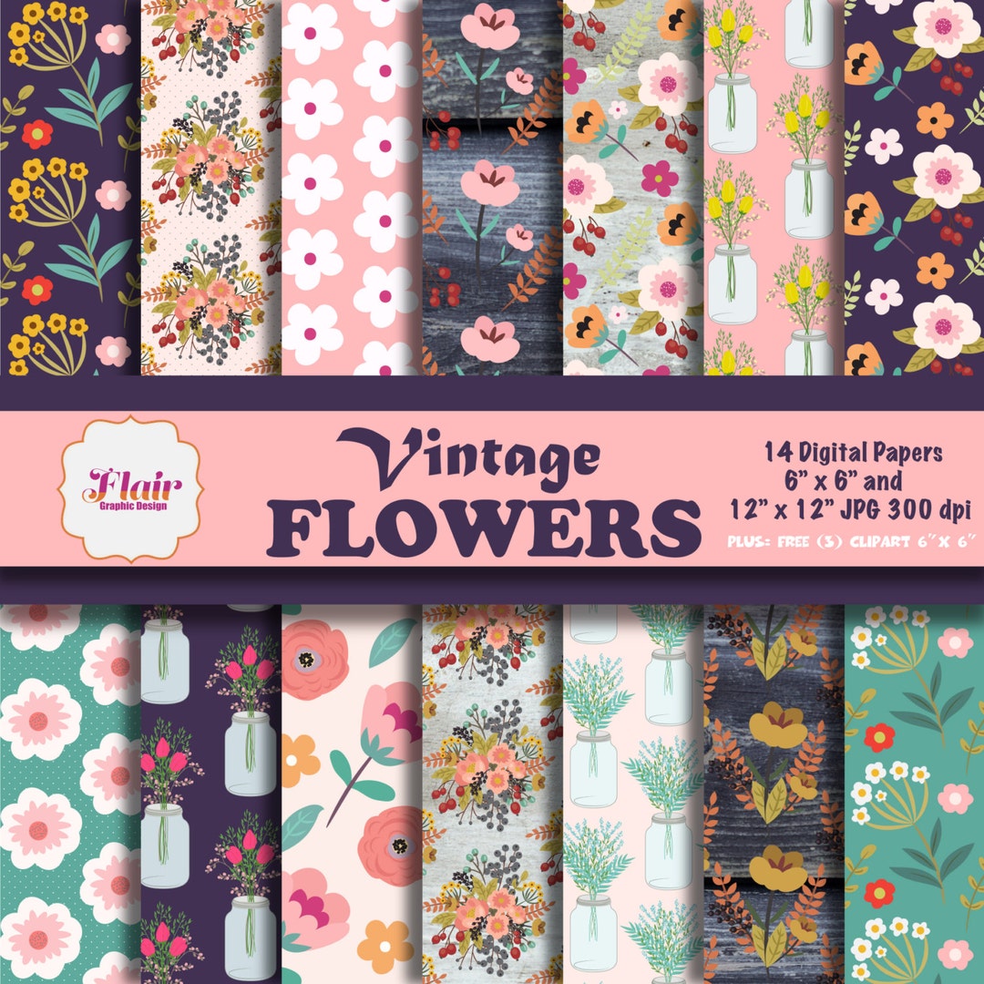 Vintage Flowers Digital Papers, Floral Pattern, Spring Flowers, Flower ...