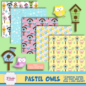 Pastel Owls Digital Papers, Owls Clipart, Spring Digital,easter Birds ...
