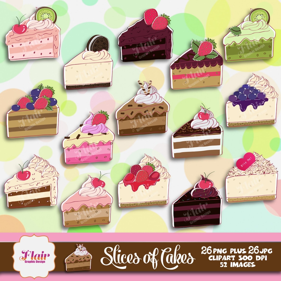 Slices of Cakes Digital Clipart, Hand Drawn Cakes, Fruits, Wedding ...
