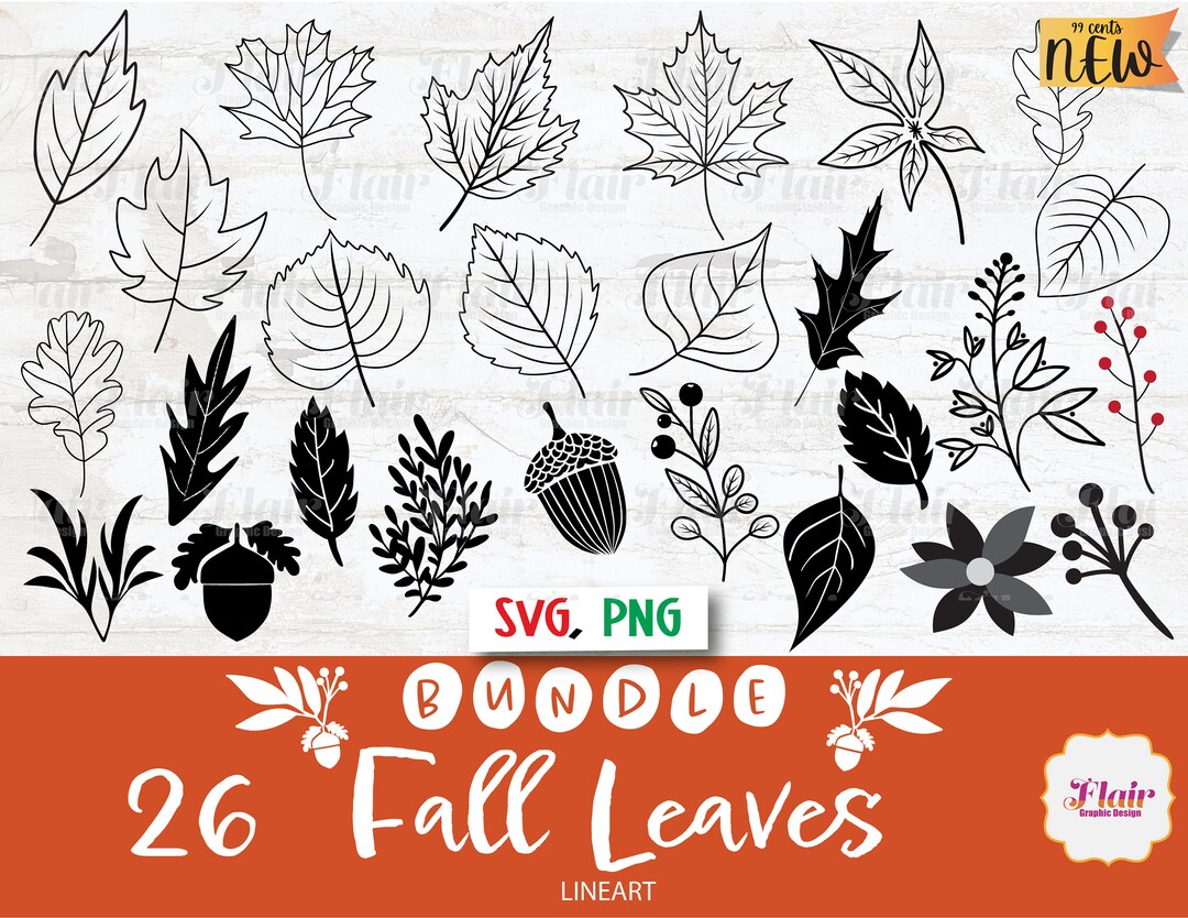 Fall Leaves Linear SVG, PNG Bundle Digital Clipart, Autumn Leaves SVG ...