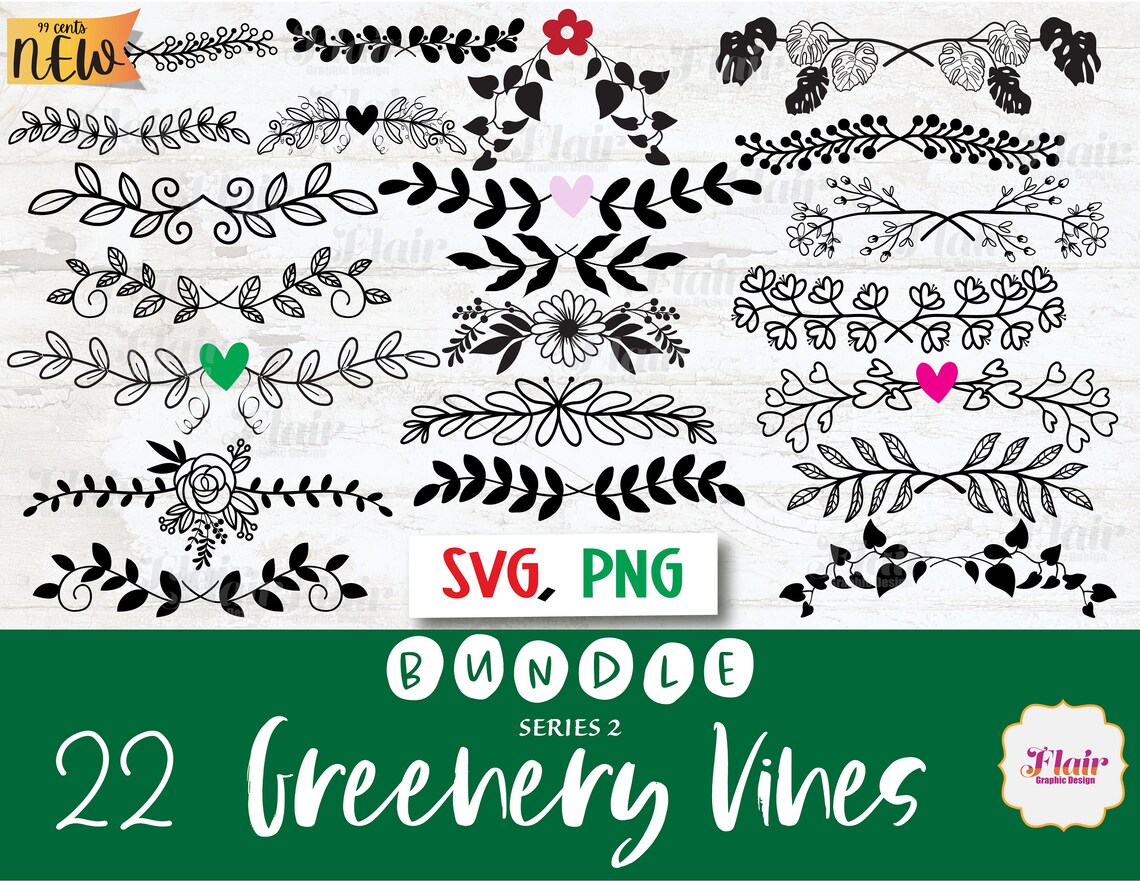 Greenery Vines Bundle S2 SVG, PNG, Hand Drawn Leaves Svg, Leaf Divider ...