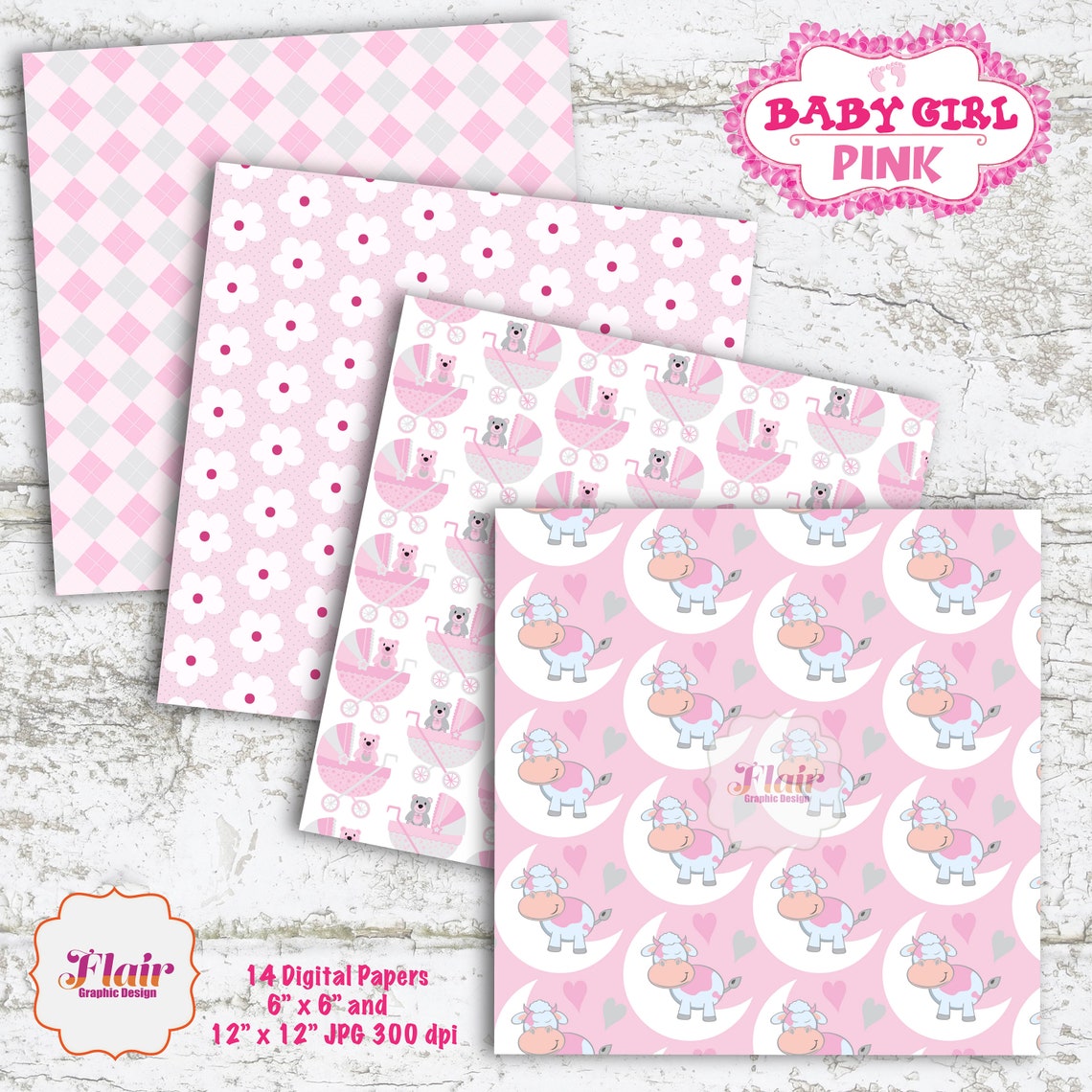 Baby Girl Digital Papers, It's a Girl, Newborn Baby, Animals Papers ...