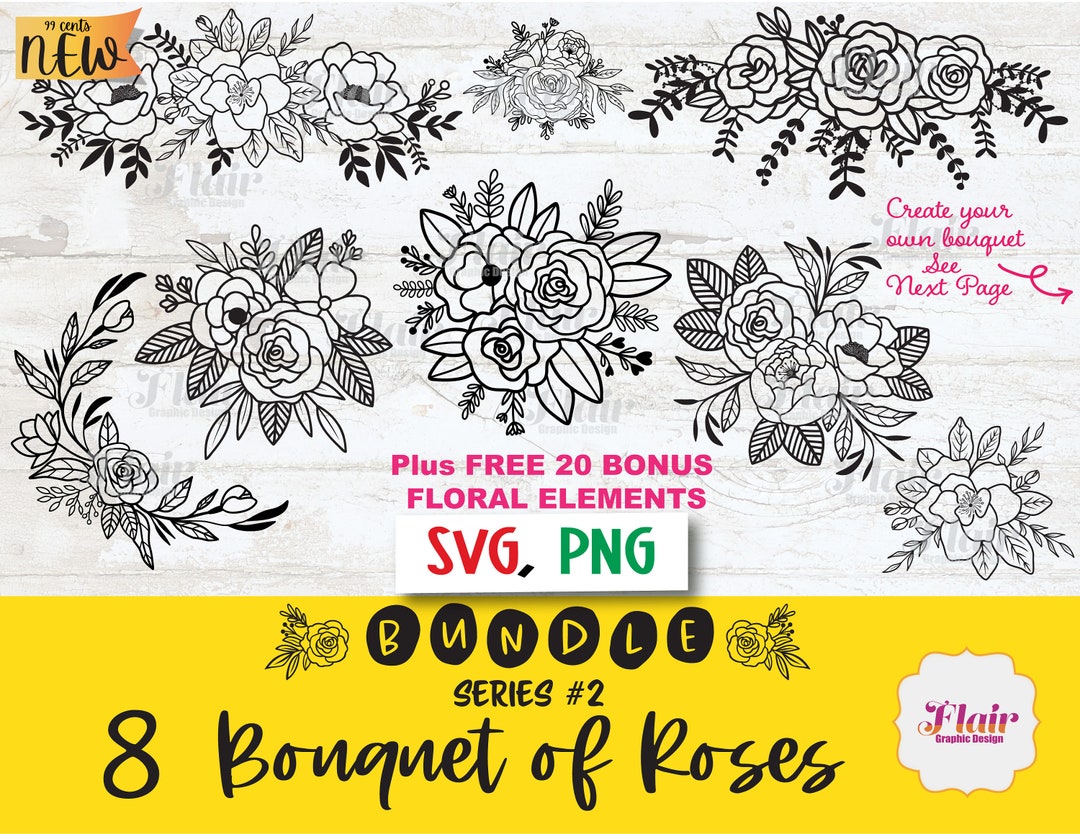 Bouquet of Roses Bundle Series 2 SVG, PNG Digital Clipart, Floral ...