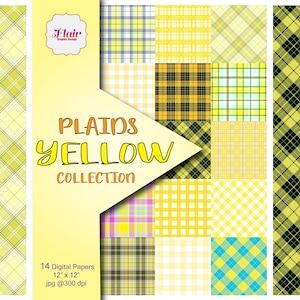 Yellow Plaids Digital Paper, Checkered, Gingham, Scrapbooking, Baby ...