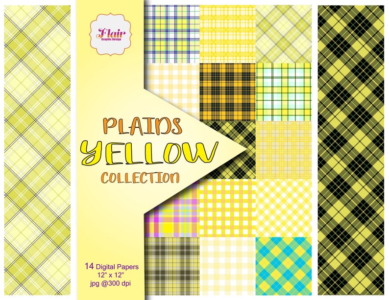 Yellow Plaids Digital Paper, Checkered, Gingham, Scrapbooking, Baby ...