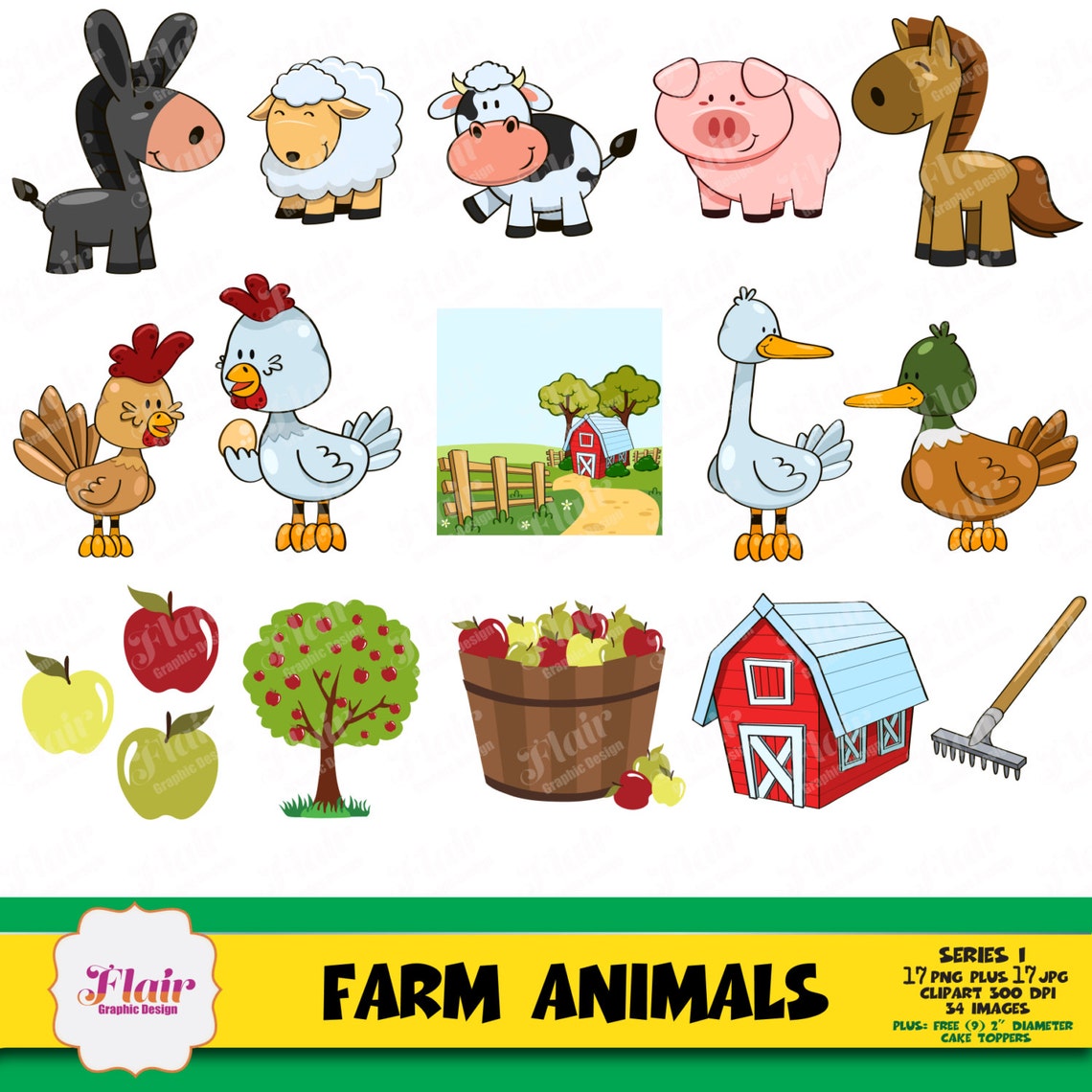 FARM ANIMALS Clipart Barnyard Apples Apple Trees Cow Pig - Etsy