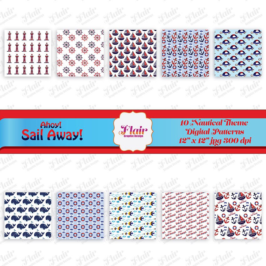 Sail Away Digital Paper Boat Cruise Papers Whales Nautical - Etsy