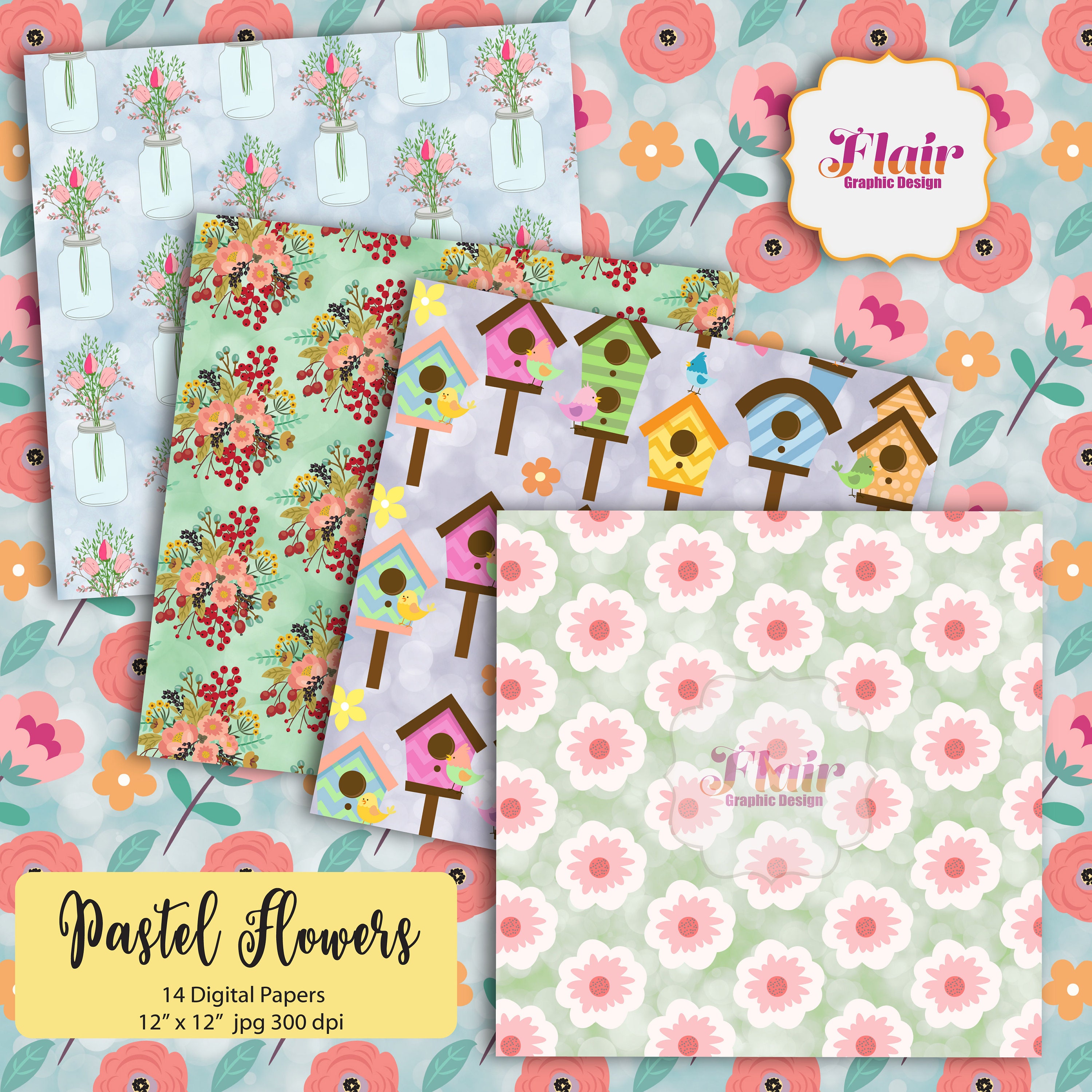 PASTEL FLOWERS Digital Papers Spring Flowers Pastel Colered | Etsy