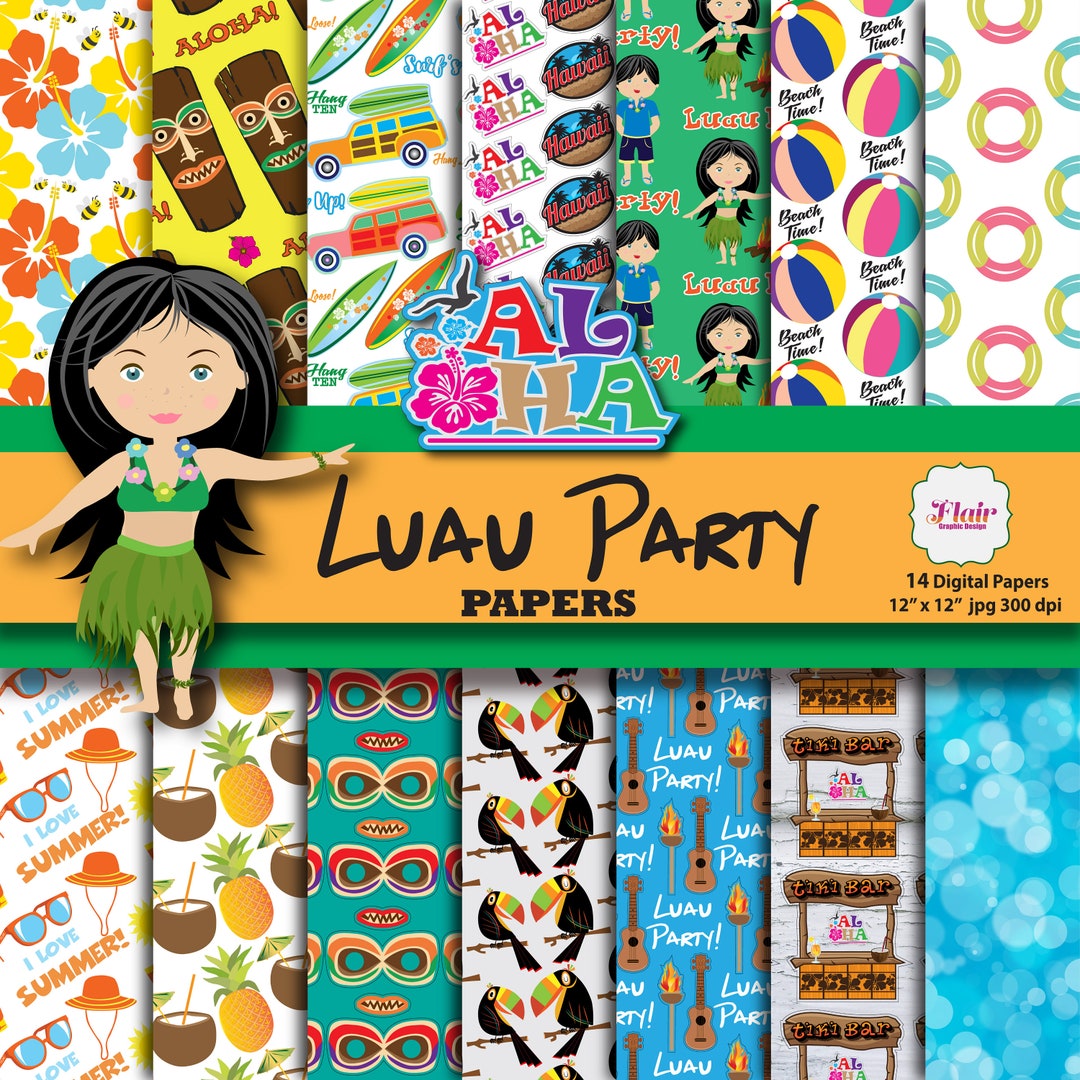 Luau Digital Papers, Hawaiian Party, Aloha Party, Beach Theme, Tropical ...