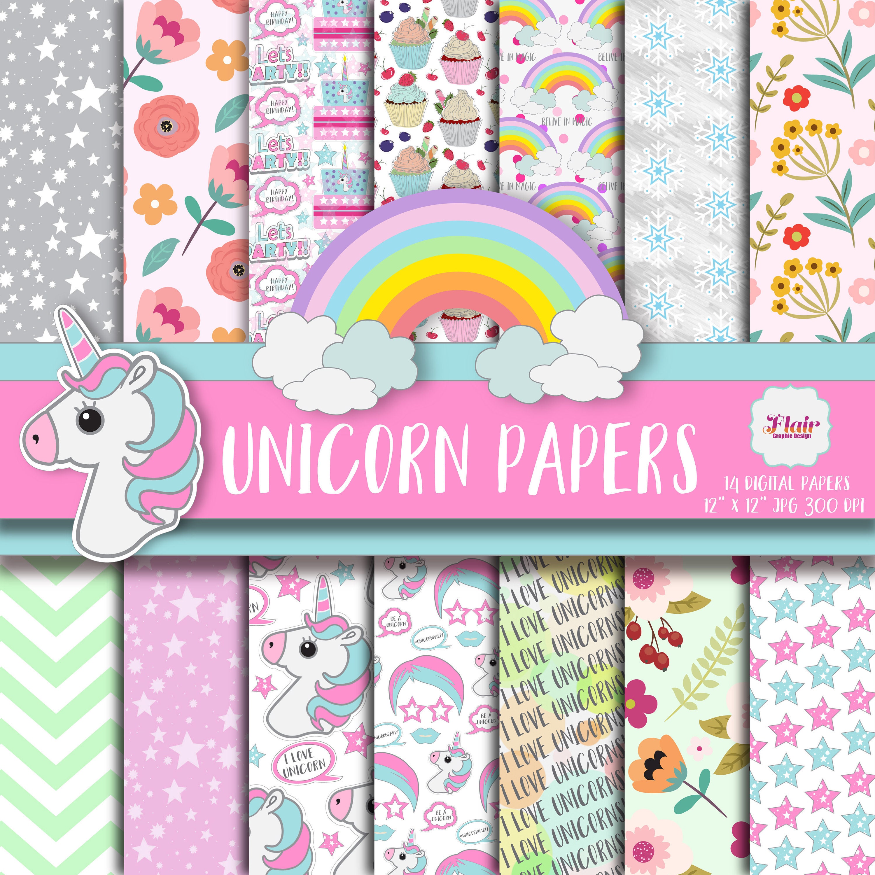 UNICORN Digital Papers Unicorn Birthday Party Horse Party - Etsy