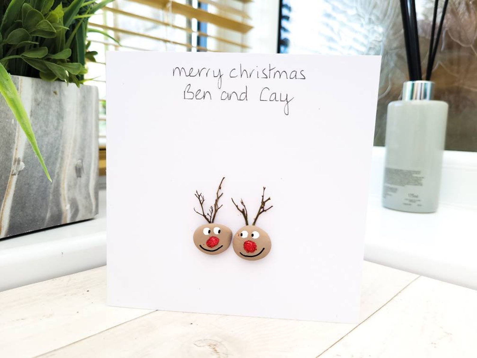 Reindeer Card Cute Christmas Personalised Couple Pebble Picture Xmas ...
