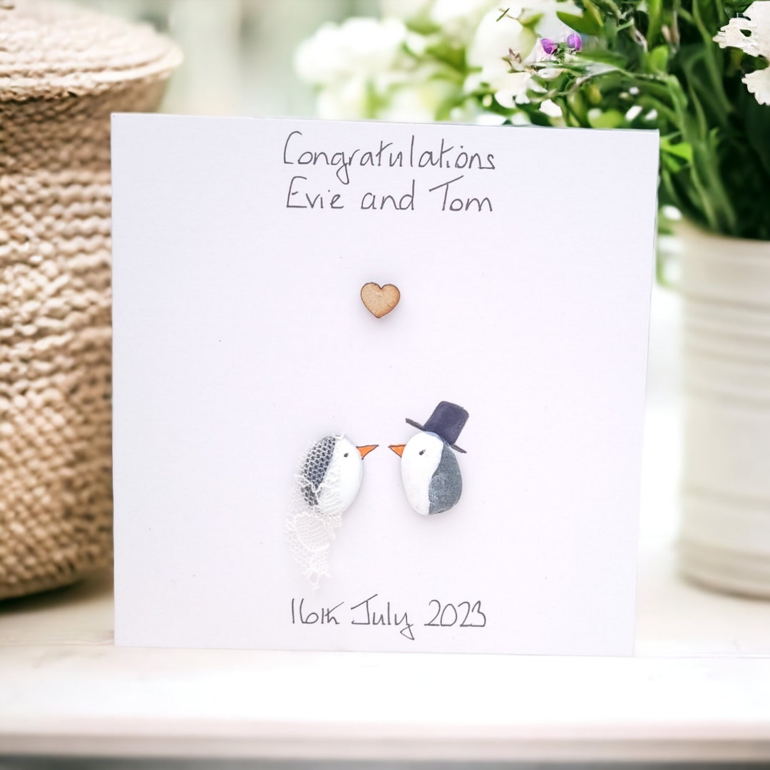 Penguins Wedding Card Personalised Pebble Art Penguin Bride and Groom ...
