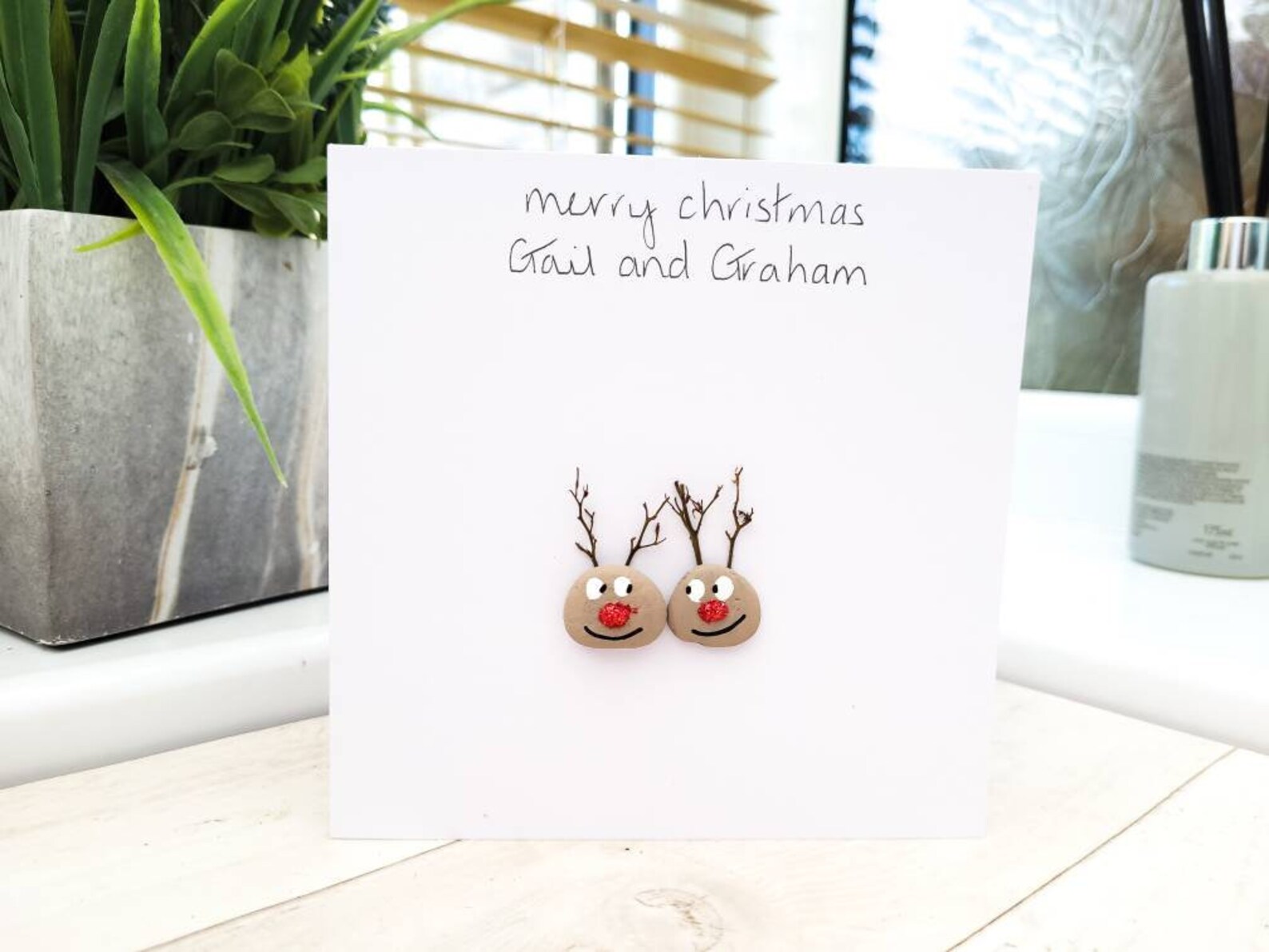Reindeer Card Cute Christmas Personalised Couple Pebble Picture Xmas ...