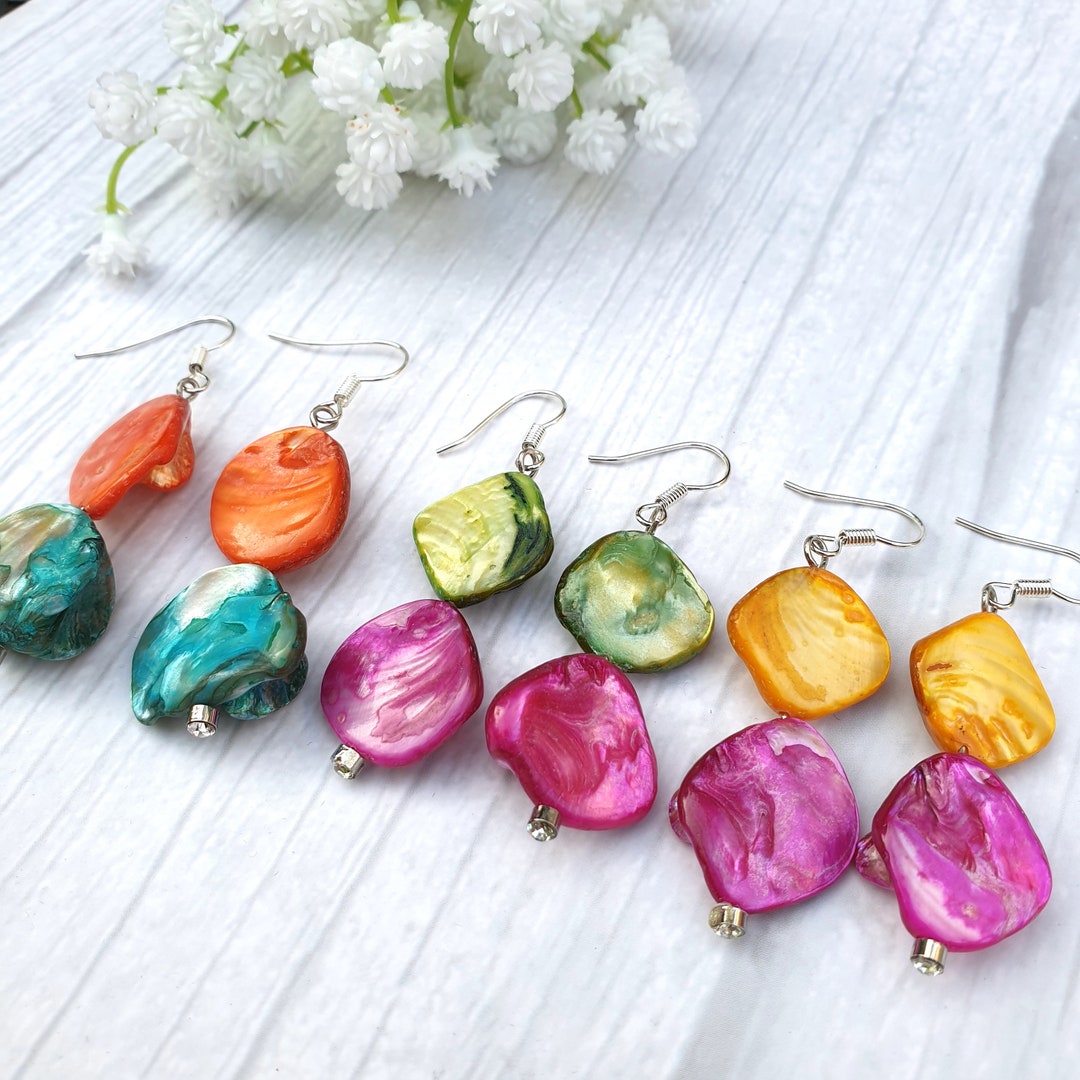 Statement Chunky Baroque Mother of Pearl Earrings Handmade Shell Dangly ...