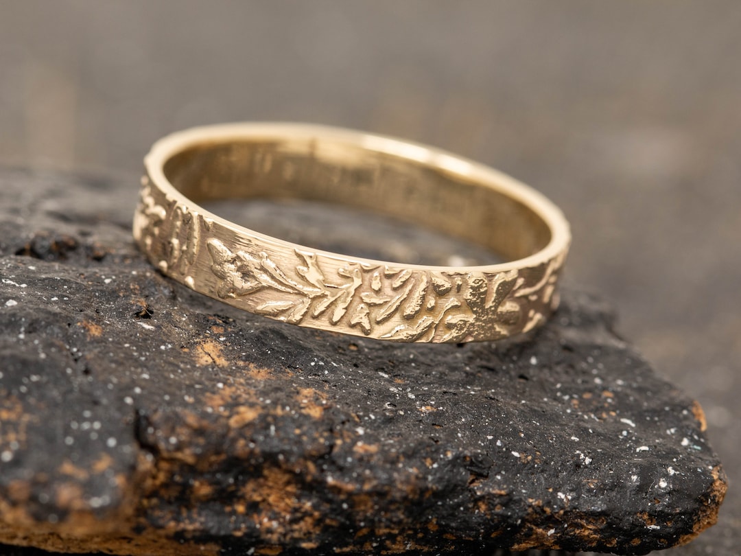 4mm Wide Solid 9ct Yellow Gold Rustic Floral Ring, 9ct Gold Floral ...