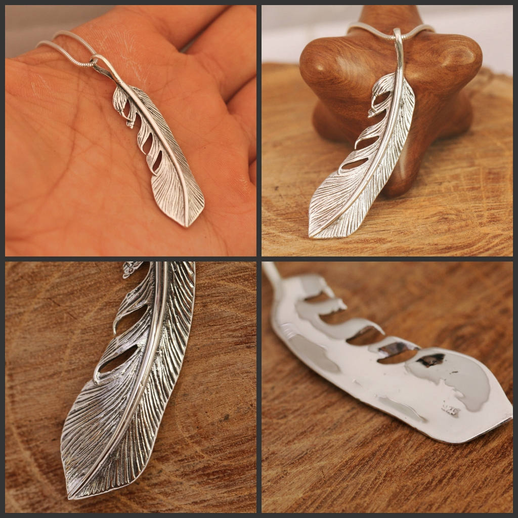 Large Sterling Silver Angel Feather Pendant Necklace, 3D, Large Silver ...