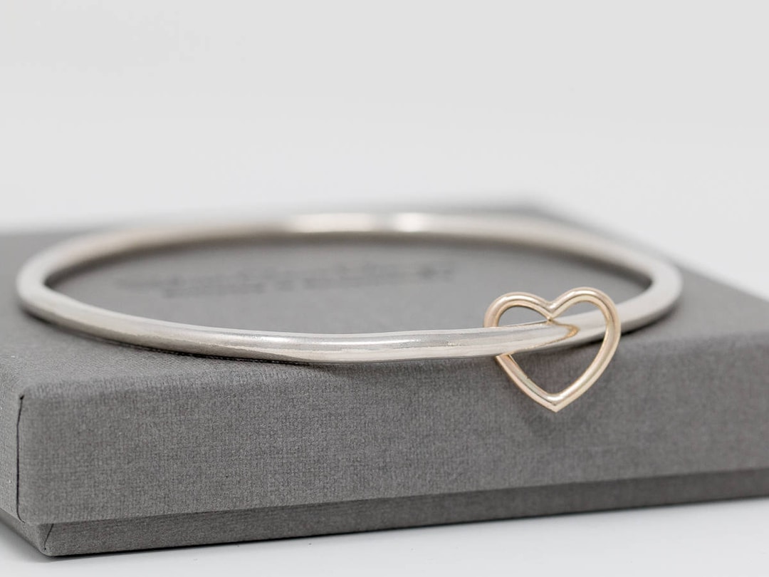 Sterling Silver Bangle W 9ct Gold Heart Charm, Sterling Silver Bangle ...