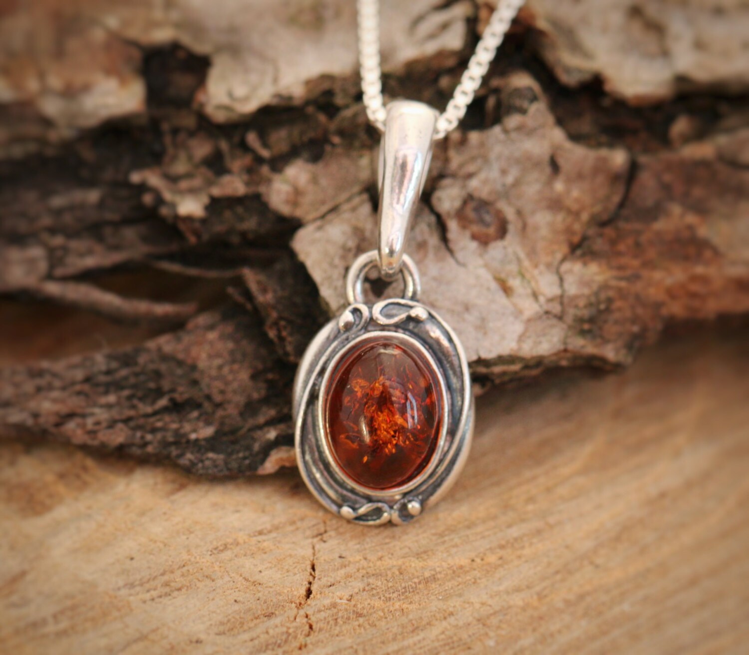Sterling Silver Natural Amber Pendant Necklace, Dark Cognac, Oval, OOAK ...