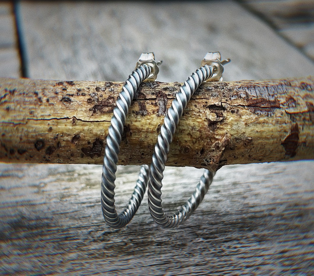 Sterling Silver Rope Patterned Loop Earrings, Handmade Twisted Loop ...