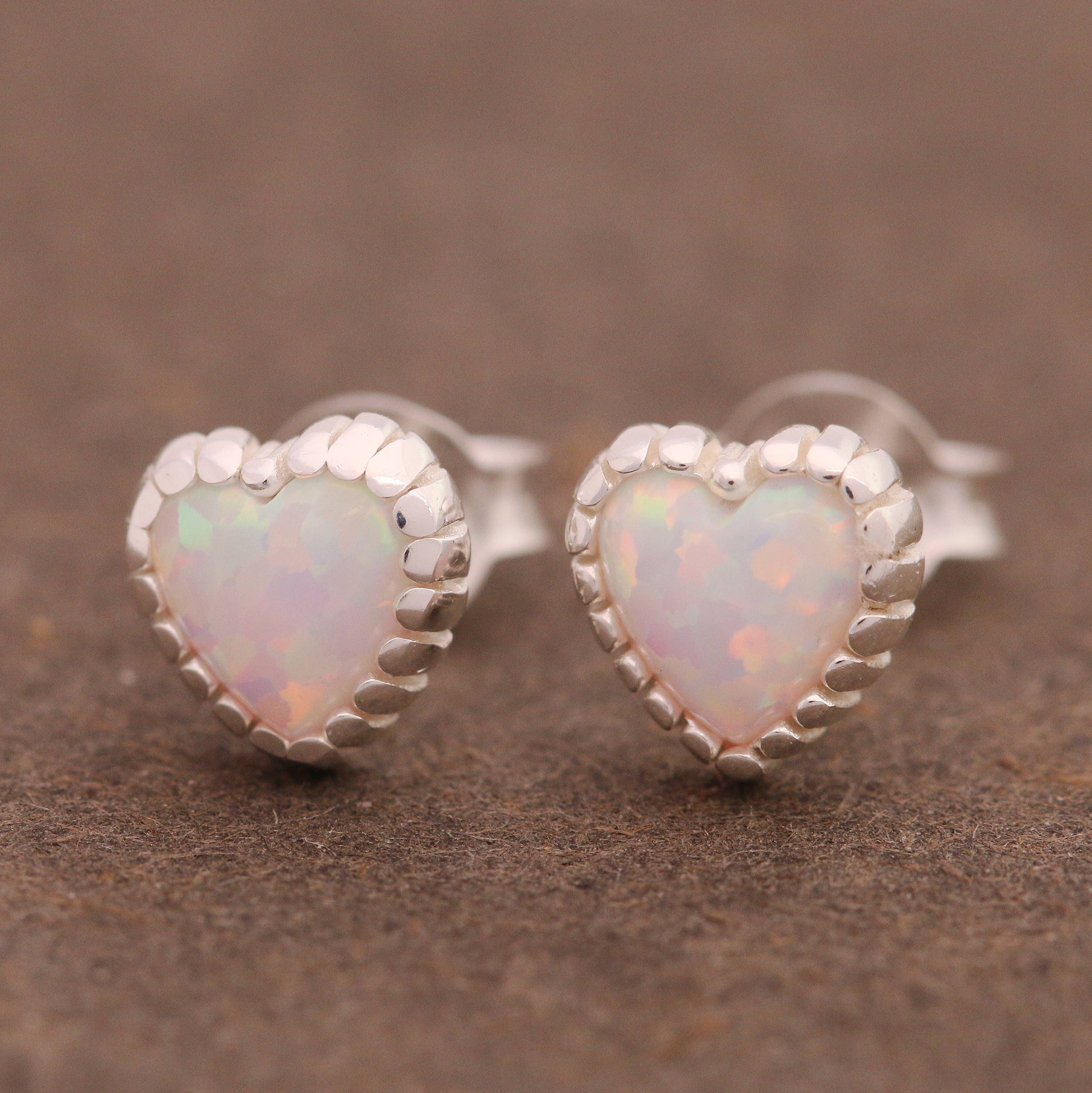Opal Earrings Sterling Silver Opal Heart Earrings White Opal Earrings Opal Stud Earrings October Birthstone Earrings Opal Heart Earrings