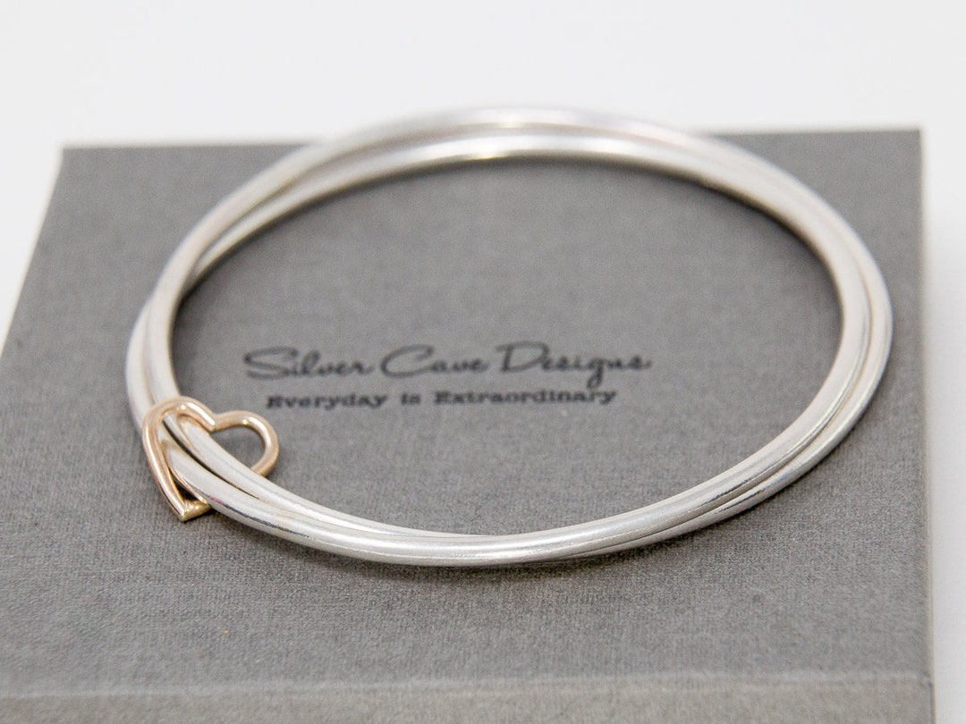 Sterling Silver Bangle Set With 9ct Gold Heart Charm - Etsy