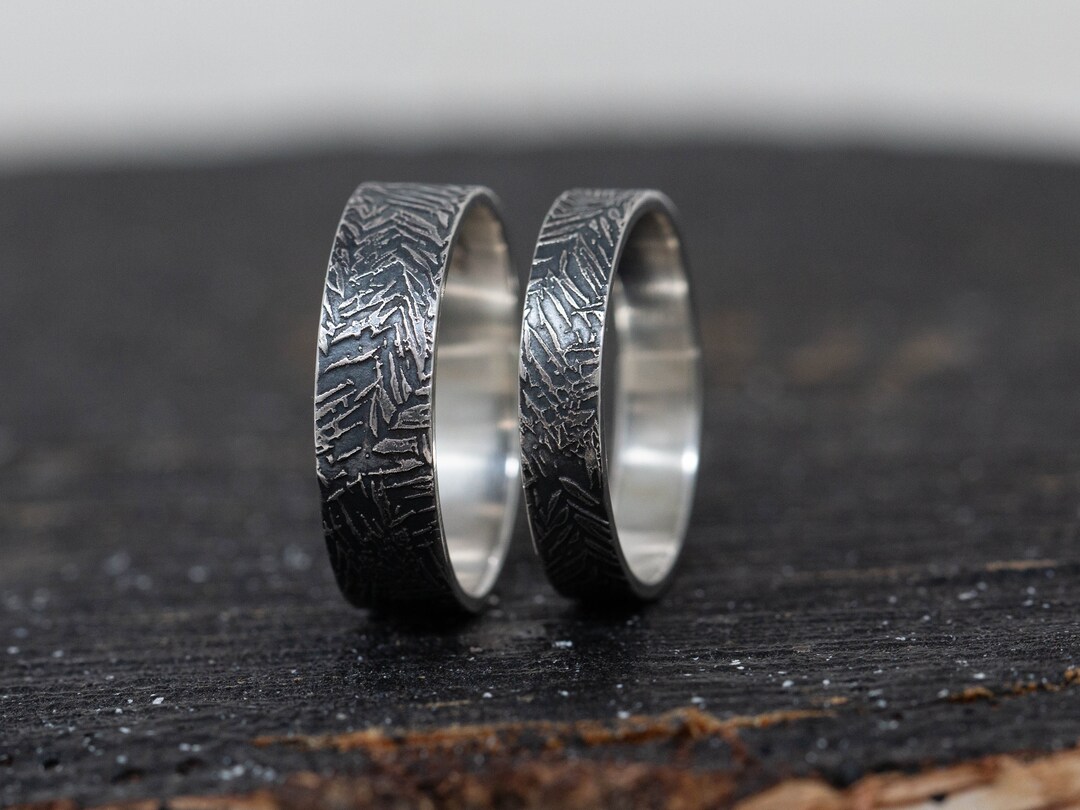 Verdant Ring Set, Sterling Silver, 4mm+6mm Wide, Pine Needle Pattern ...