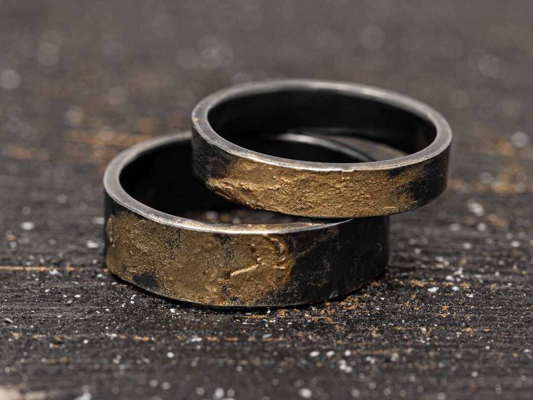 4mm+6mm Sterling Silver & 24K Gold Keum Boo Ring Set, OOAK Wedding Ring ...