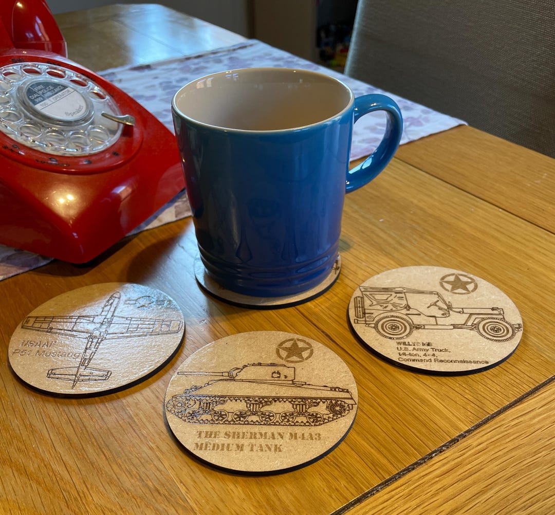 US Army WW2 Drinks Coaster Set of 4 Wooden Varnished Finish Sherman M4 ...