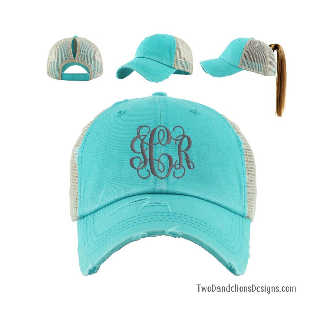 ADULT Monogram Distressed Mesh Ponytail Hat, Monogram Ponytail Hat ...