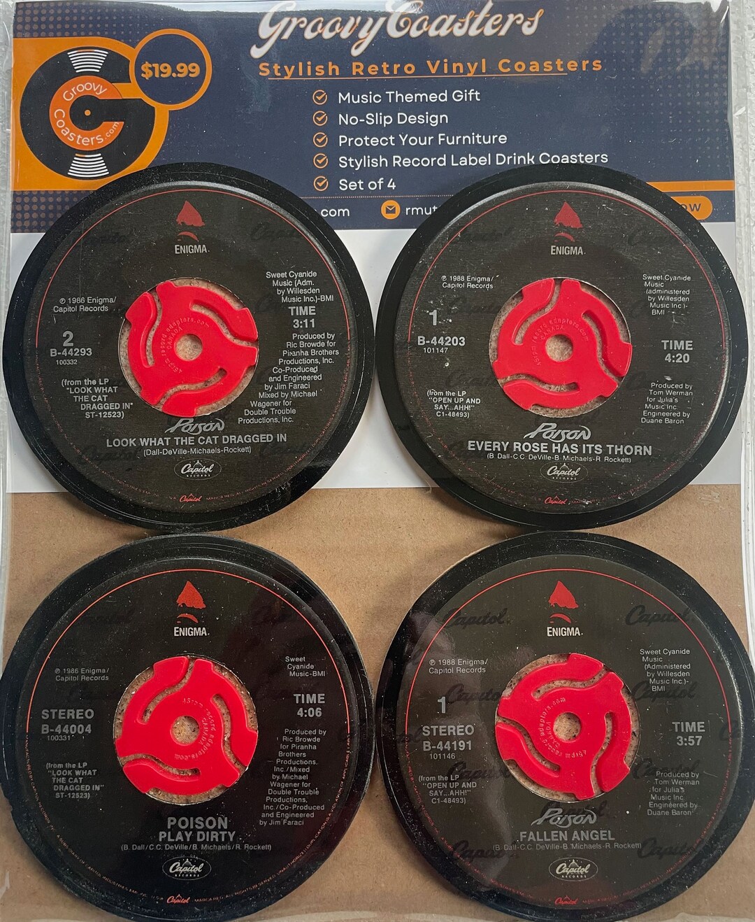 4-premium Vintage 45-poison Record Label Drink Coasters - Etsy