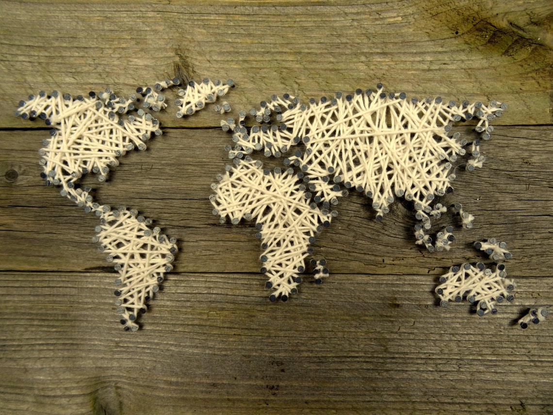 World Map Wall Decal | String Art Map | Reclaimed Wood Art | Wall Art ...