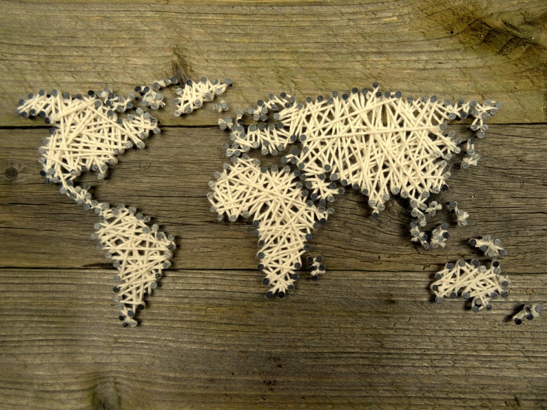 World Map Wall Decal | String Art Map | Reclaimed Wood Art | Wall Art ...