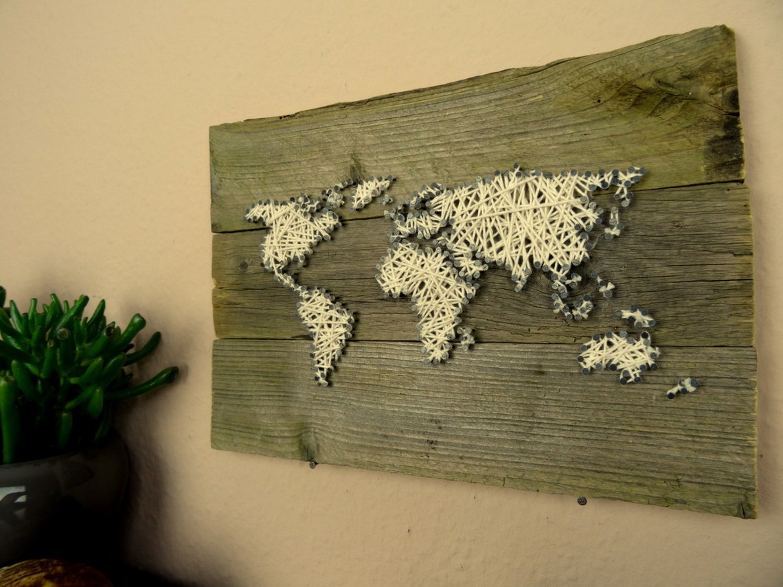 World Map Wall Decal String Art Map Reclaimed Wood Art - Etsy