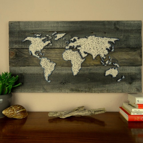 World Map String Art Gift for Couple Reclaimed Wood - Etsy