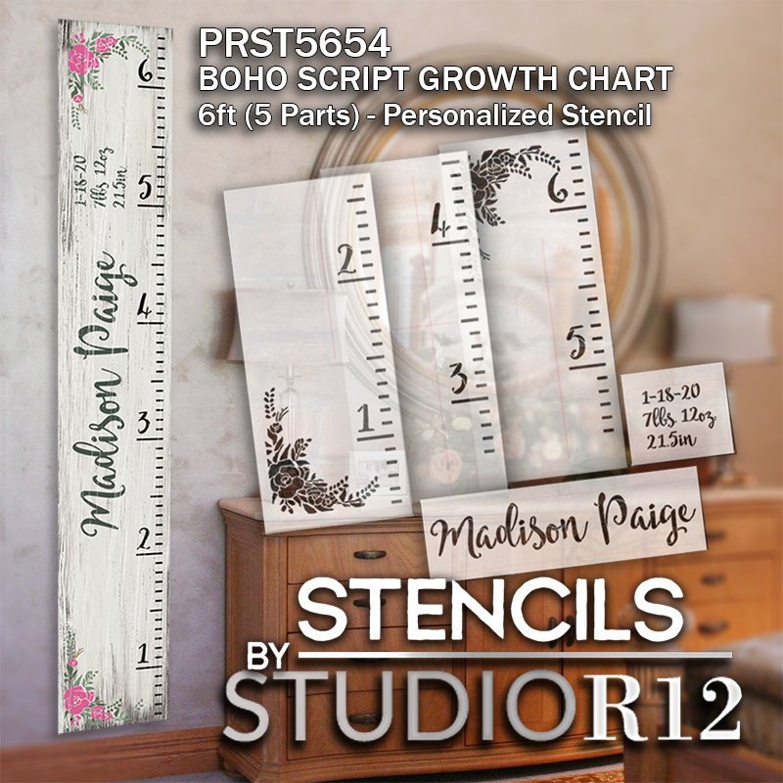 Personalized Name Growth Chart 3-Part Stencil with Boho | Etsy