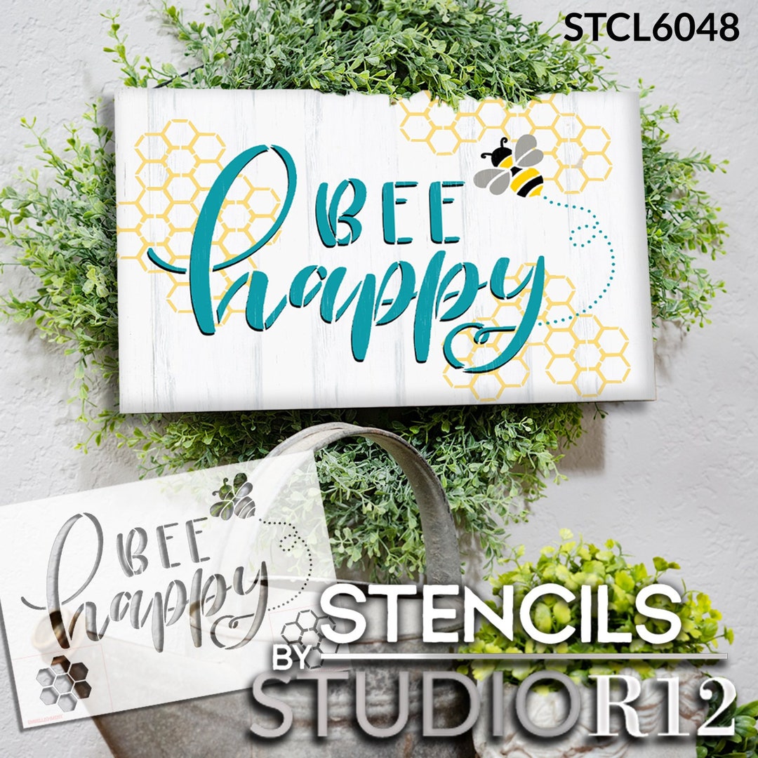 Bee Happy Script Stencil by Studior12 Craft DIY Spring Home Decor Paint ...