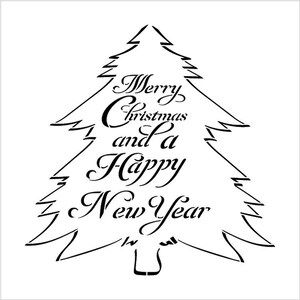Merry Christmas and A Happy New Year Tree Script Word Art Stencil ...